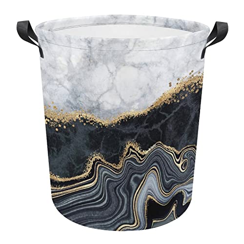 Collapsible Abstract Agate Marble Laundry Basket Waterproof White Black Gold Laundry Hamper Freestanding Large Cloth Storage Bin With Handles for Household Bedroom Bathroom