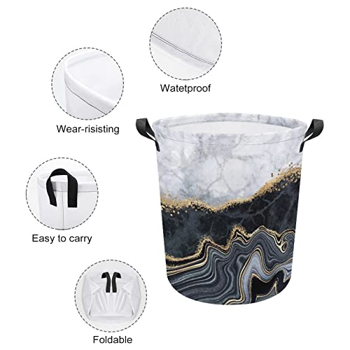 Collapsible Abstract Agate Marble Laundry Basket Waterproof White Black Gold Laundry Hamper Freestanding Large Cloth Storage Bin With Handles for Household Bedroom Bathroom