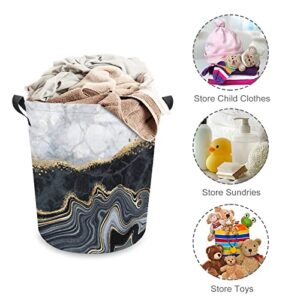 Collapsible Abstract Agate Marble Laundry Basket Waterproof White Black Gold Laundry Hamper Freestanding Large Cloth Storage Bin With Handles for Household Bedroom Bathroom