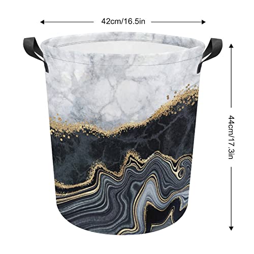 Collapsible Abstract Agate Marble Laundry Basket Waterproof White Black Gold Laundry Hamper Freestanding Large Cloth Storage Bin With Handles for Household Bedroom Bathroom