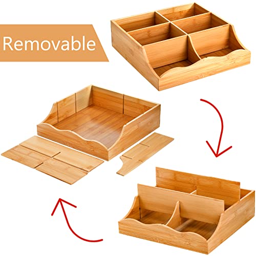 WUWEOT Coffee Condiment Organizer, Bamboo Storage Bin Drawers Box, Coffee Station Organizer Pantry Sugar Tea Bag Packet Organizers, Desk Storage Tray Containers with 6 Removable Compartments