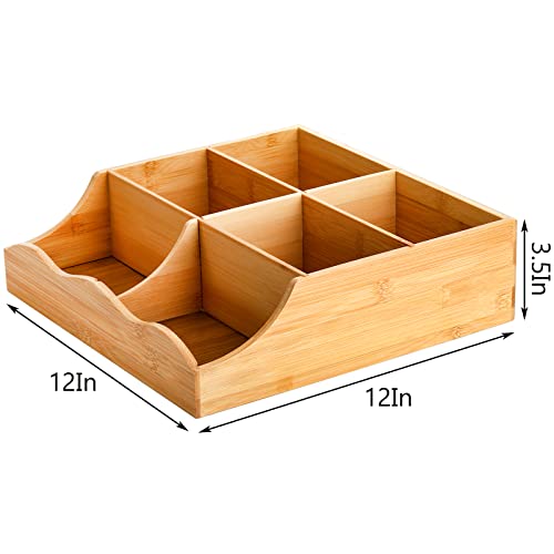 WUWEOT Coffee Condiment Organizer, Bamboo Storage Bin Drawers Box, Coffee Station Organizer Pantry Sugar Tea Bag Packet Organizers, Desk Storage Tray Containers with 6 Removable Compartments