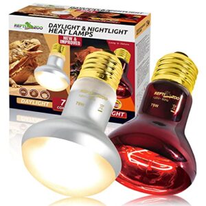 reptizoo 75w reptile heat lamp bulb, 2pcs day & night basking spot light combo pack includes infrared heat lamp and uva daylight heating lamp basking light