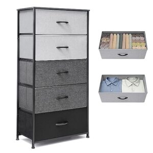 vredhom fabric dresser for bedroom, tall skinny dresser with 5 wide drawers, storage organizer tower, steel frame wooden top for closet, living room, hallway, nursery(grey&black)