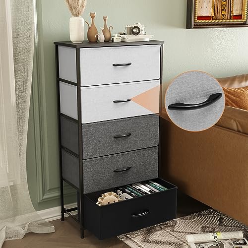 VredHom Fabric Dresser for Bedroom, Tall Skinny Dresser with 5 Wide Drawers, Storage Organizer Tower, Steel Frame Wooden Top for Closet, Living Room, Hallway, Nursery(Grey&Black)