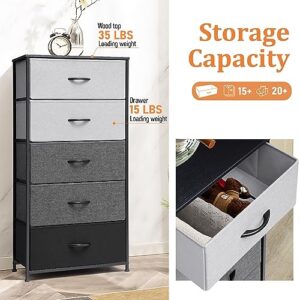 VredHom Fabric Dresser for Bedroom, Tall Skinny Dresser with 5 Wide Drawers, Storage Organizer Tower, Steel Frame Wooden Top for Closet, Living Room, Hallway, Nursery(Grey&Black)