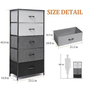 VredHom Fabric Dresser for Bedroom, Tall Skinny Dresser with 5 Wide Drawers, Storage Organizer Tower, Steel Frame Wooden Top for Closet, Living Room, Hallway, Nursery(Grey&Black)