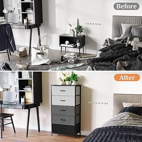 VredHom Fabric Dresser for Bedroom, Tall Skinny Dresser with 5 Wide Drawers, Storage Organizer Tower, Steel Frame Wooden Top for Closet, Living Room, Hallway, Nursery(Grey&Black)