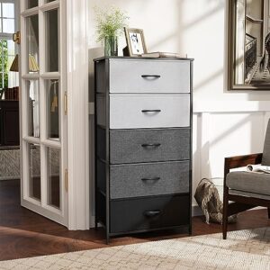 VredHom Fabric Dresser for Bedroom, Tall Skinny Dresser with 5 Wide Drawers, Storage Organizer Tower, Steel Frame Wooden Top for Closet, Living Room, Hallway, Nursery(Grey&Black)