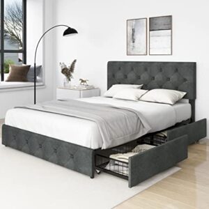 Queen Size Modern Platform Bed Frame with 4 Storage Drawers, Upholstered Beds with Button Tufted Headboard Height Adjustable, Mattress Foundation with Wooden Slat Support, Dark Grey Faux Leather