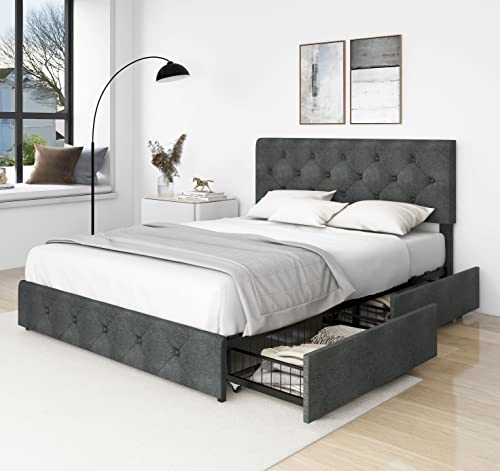 Queen Size Modern Platform Bed Frame with 4 Storage Drawers, Upholstered Beds with Button Tufted Headboard Height Adjustable, Mattress Foundation with Wooden Slat Support, Dark Grey Faux Leather