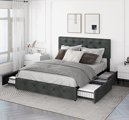 Queen Size Modern Platform Bed Frame with 4 Storage Drawers, Upholstered Beds with Button Tufted Headboard Height Adjustable, Mattress Foundation with Wooden Slat Support, Dark Grey Faux Leather