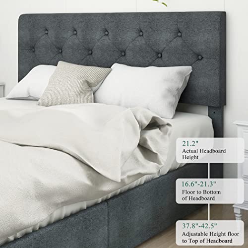 Queen Size Modern Platform Bed Frame with 4 Storage Drawers, Upholstered Beds with Button Tufted Headboard Height Adjustable, Mattress Foundation with Wooden Slat Support, Dark Grey Faux Leather