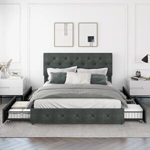 Queen Size Modern Platform Bed Frame with 4 Storage Drawers, Upholstered Beds with Button Tufted Headboard Height Adjustable, Mattress Foundation with Wooden Slat Support, Dark Grey Faux Leather