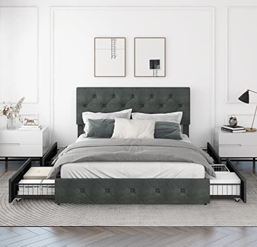 Queen Size Modern Platform Bed Frame with 4 Storage Drawers, Upholstered Beds with Button Tufted Headboard Height Adjustable, Mattress Foundation with Wooden Slat Support, Dark Grey Faux Leather