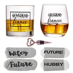 boyfriend and girlfriend wine and whiskey glass gift set - engagement gifts for couples - fiance fiancee gift for him and her - fiancee gifts set of 2 wine tumbler, gifts idea for bridal shower