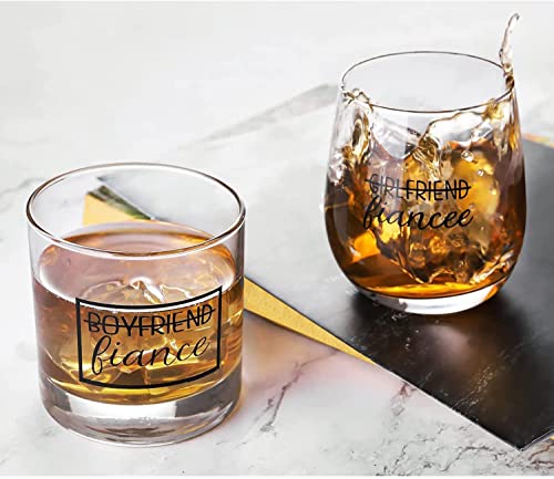 Boyfriend and Girlfriend Wine and Whiskey Glass Gift Set - Engagement Gifts for Couples - Fiance Fiancee Gift for Him and Her - Fiancee Gifts Set of 2 Wine Tumbler, Gifts Idea for Bridal Shower