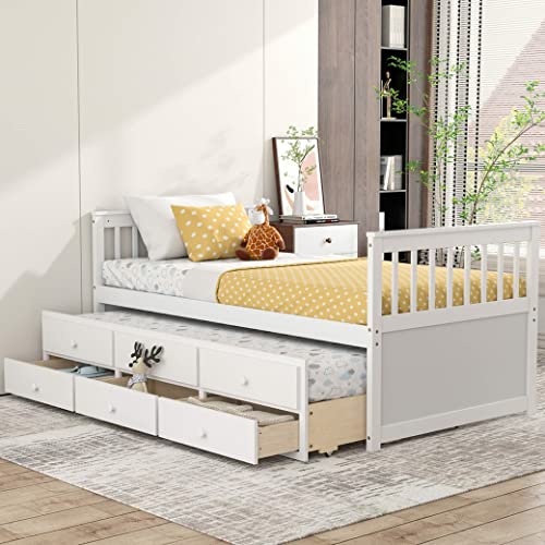 DORTALA Trundle Bed Twin Size, Wooden Daybed w/Trundle and 3 Storage Drawers, No Box Spring Required, Modern Captains Bed for Boys Girls Adults, Great for Bedroom, Guest Room (White, Twin)