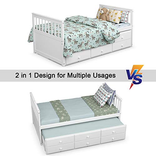 DORTALA Trundle Bed Twin Size, Wooden Daybed w/Trundle and 3 Storage Drawers, No Box Spring Required, Modern Captains Bed for Boys Girls Adults, Great for Bedroom, Guest Room (White, Twin)