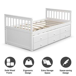 DORTALA Trundle Bed Twin Size, Wooden Daybed w/Trundle and 3 Storage Drawers, No Box Spring Required, Modern Captains Bed for Boys Girls Adults, Great for Bedroom, Guest Room (White, Twin)