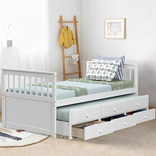 DORTALA Trundle Bed Twin Size, Wooden Daybed w/Trundle and 3 Storage Drawers, No Box Spring Required, Modern Captains Bed for Boys Girls Adults, Great for Bedroom, Guest Room (White, Twin)