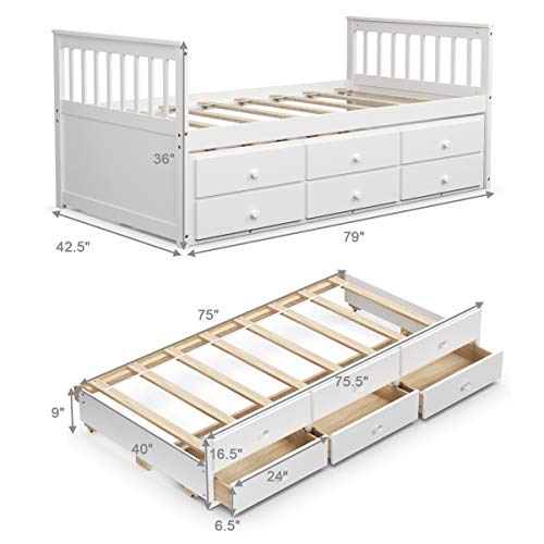 DORTALA Trundle Bed Twin Size, Wooden Daybed w/Trundle and 3 Storage Drawers, No Box Spring Required, Modern Captains Bed for Boys Girls Adults, Great for Bedroom, Guest Room (White, Twin)