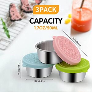 Salad Dressing Containers To Go, 3x1.7oz Small Stainless Steel Condiment Containers with Lids, Leakproof Dip Containers, Reusable Mini Sauce Container, Premium Silicone Lids Dipping Sauce Cups