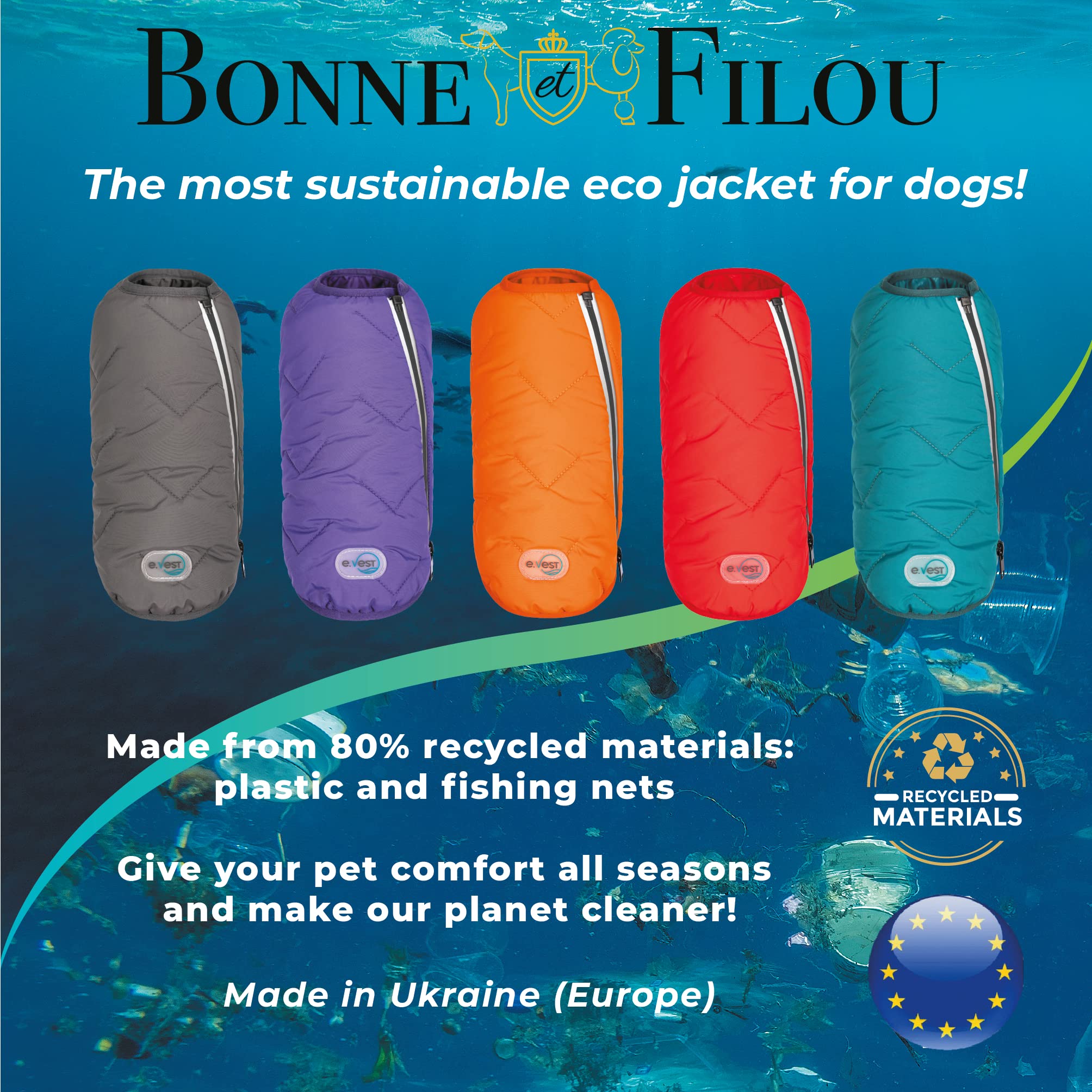 Bonne et Filou Sustainable Dog Jacket Vest Made in Ukraine with Premium Recycled Materials - Lightweight Warm Waterproof Windproof Winter Dog Coat Outfit for Cold Weather (X-Small-2, Grey)