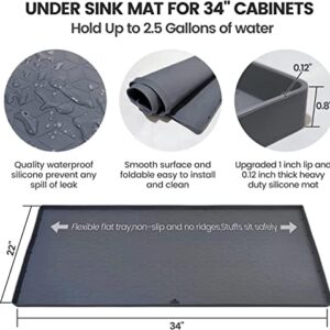 Under Sink Mat for Kitchen Waterproof, 34" x 22" Flexible Silicone Under Sink Liner with Drain Hole, Kitchen Cabinet Mat and Protector for Drips Leaks Spills, Gray