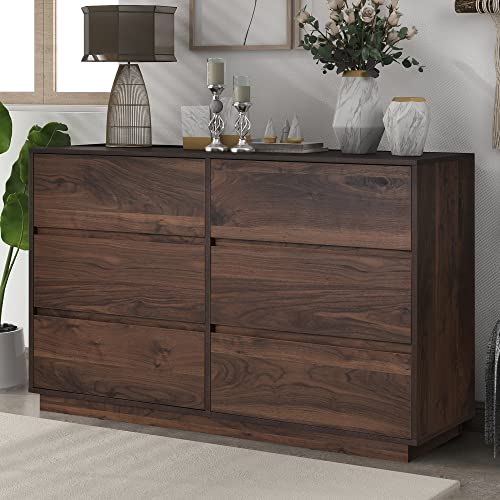 Knocbel 47.2in Mid-Century Modern Dresser for Bedroom, 6 Handle-Free Storage Drawers, 200lbs Weight Capacity, Dark Brown Dresser