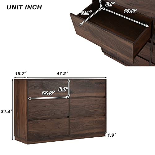 Knocbel 47.2in Mid-Century Modern Dresser for Bedroom, 6 Handle-Free Storage Drawers, 200lbs Weight Capacity, Dark Brown Dresser