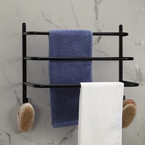 Bathroom Towel Bar Wall Mounted Towel Rack Metal Black Towel Storage Holder with 2 Hooks 3-Tier Towel Ladder Towel Rail for Bathroom, Laundry Room, Black