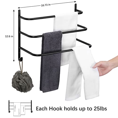 Bathroom Towel Bar Wall Mounted Towel Rack Metal Black Towel Storage Holder with 2 Hooks 3-Tier Towel Ladder Towel Rail for Bathroom, Laundry Room, Black