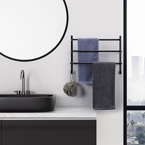 Bathroom Towel Bar Wall Mounted Towel Rack Metal Black Towel Storage Holder with 2 Hooks 3-Tier Towel Ladder Towel Rail for Bathroom, Laundry Room, Black