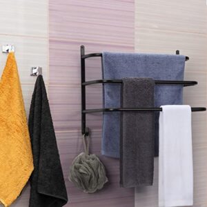 Bathroom Towel Bar Wall Mounted Towel Rack Metal Black Towel Storage Holder with 2 Hooks 3-Tier Towel Ladder Towel Rail for Bathroom, Laundry Room, Black