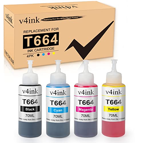 v4ink Compatible 664 XL Refill Ink Bottle Replacement for 664 XL T664 for Use with Epson EcoTank ET-2500 ET-2650 ET-4500 L210 L310 L120 L485 L350 Printer T664120 T664220 T664320 T664420-4 Bottles