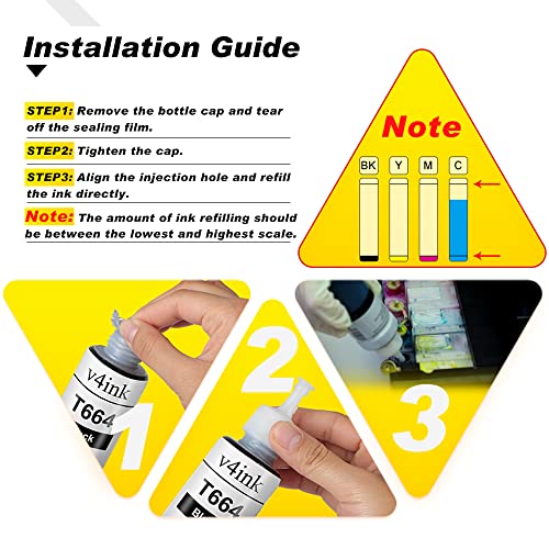 v4ink Compatible 664 XL Refill Ink Bottle Replacement for 664 XL T664 for Use with Epson EcoTank ET-2500 ET-2650 ET-4500 L210 L310 L120 L485 L350 Printer T664120 T664220 T664320 T664420-4 Bottles