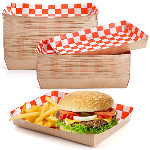 ZENFUN 80 Pack Paper Food Serving Trays, 2 LB Cardboard Food Boats Checkered Kraft Tray, Greaseproof Fast Food Snack Holder for Snack, Hot Dog, Hamburger and Chips, Party, Red and White