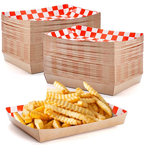 ZENFUN 80 Pack Paper Food Serving Trays, 2 LB Cardboard Food Boats Checkered Kraft Tray, Greaseproof Fast Food Snack Holder for Snack, Hot Dog, Hamburger and Chips, Party, Red and White