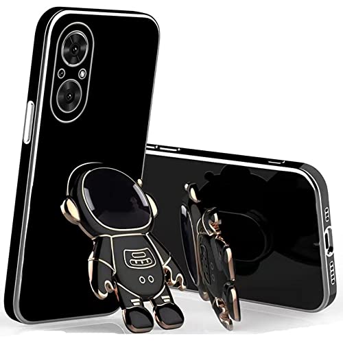 for Oneplus Nord N20 5G Case 6D Plating Astronaut Hidden Stand with Camera Cover,Luxury Glitter Soft TPU Bumper Cute Cartoon Folding Bracket Kickstand Phone Case for Oneplus N20 for Girls Women Black