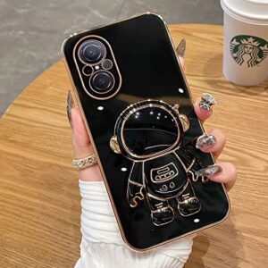 for Oneplus Nord N20 5G Case 6D Plating Astronaut Hidden Stand with Camera Cover,Luxury Glitter Soft TPU Bumper Cute Cartoon Folding Bracket Kickstand Phone Case for Oneplus N20 for Girls Women Black