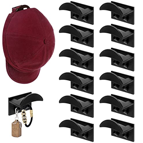 JULMELON 12 Pieces Adhesive Hat Hooks for Wall Minimalist Hat with 2 Small Key Hooks Rack Design Hat Holder Organizer for Baseball Caps Display, No Drilling, Strong Hold Hat Hangers