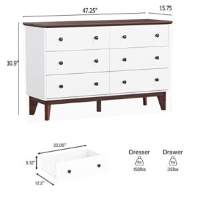 JOZZBY 6-Drawer Double Dresser with Wide Drawers,White Dresser for Bedroom, Wood Storage Chest of Drawers for Living Room Hallway Entryway