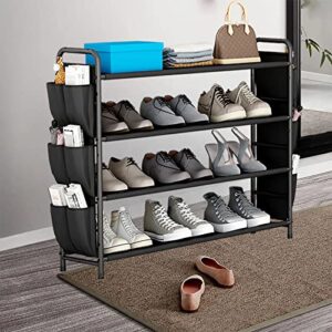 LINZINAR Shoe Rack Organizer 4 Tier Stackable Metal Shoe Storage Shelf with Double Row Side Pockets for Closet Entryway Bedroom, Black