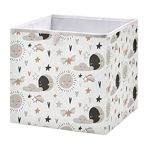 Cute Moon Sun and Stars Foldable Cube Storage Bins, 11 x 11 x 11 inches, Fabric Storage Baskets Bins for Nursery,Closet Shelf,Home Organization