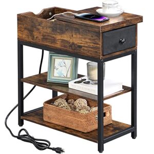 yoobure end table with charging station, narrow sofa side table with usb ports & outlets, flip top nightstand with drawer & 2 storage shelves end table for living room/bedroom/bedside/couch/office