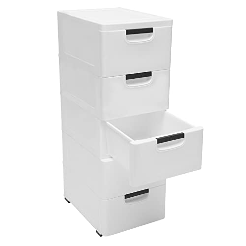 5 Drawer Dresser Drawer Chest Storage Dresser Cabinet with Wheels, Plastic Mobile Cabinet Storage, Stackable Storage Tower Organizer Unit for Bedroom Closet Entryway Hallway Nursery Room (A)