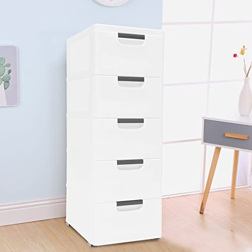 5 Drawer Dresser Drawer Chest Storage Dresser Cabinet with Wheels, Plastic Mobile Cabinet Storage, Stackable Storage Tower Organizer Unit for Bedroom Closet Entryway Hallway Nursery Room (A)