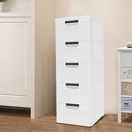 5 Drawer Dresser Drawer Chest Storage Dresser Cabinet with Wheels, Plastic Mobile Cabinet Storage, Stackable Storage Tower Organizer Unit for Bedroom Closet Entryway Hallway Nursery Room (A)