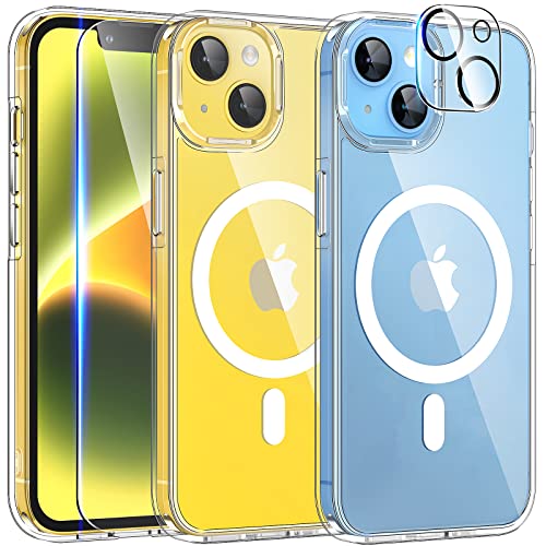 TAURI 5-in-1 Strong Magnetic Clear for iPhone 14 Case [Designed for Magsafe] with 2 Screen Protector +2 Camera Lens Protector, [Military Drop Protection] Slim Phone Case for iPhone 14 6.1 Inch